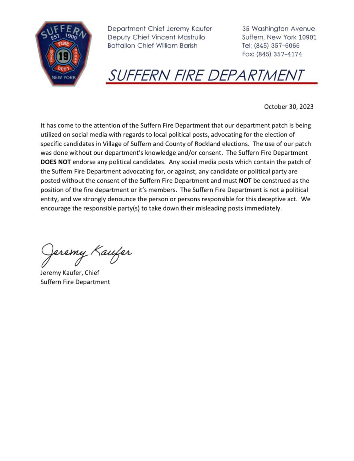 From the Office of the Chief - Suffern Volunteer Fire Department